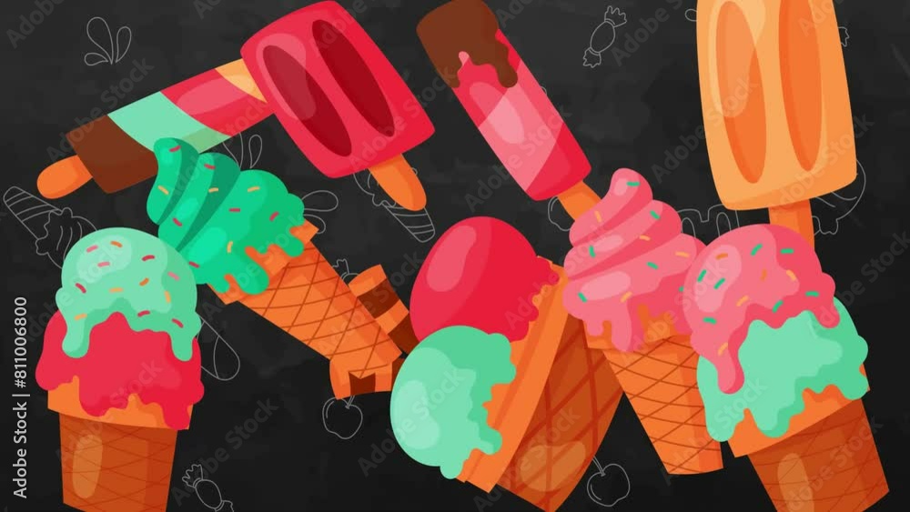 Ice cream of different kinds rotating on a dark background. 2d ...
