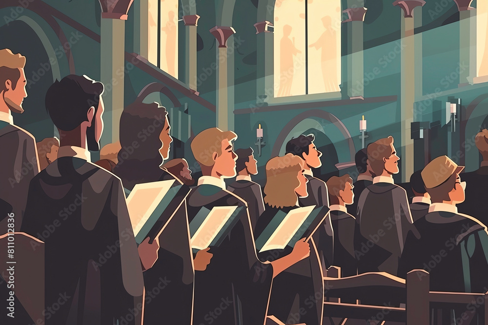 Worship and hope flat design side view church choir cartoon drawing ...