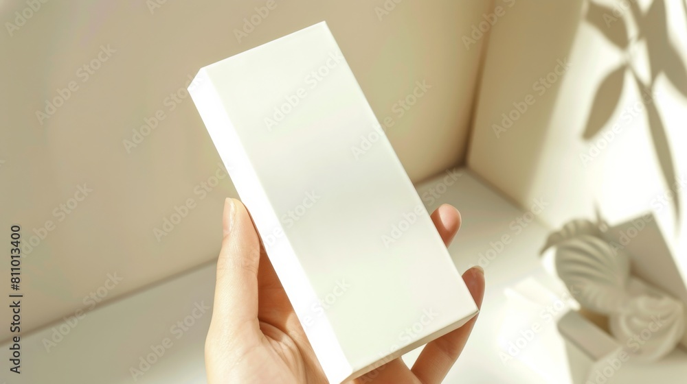 Woman hand holding empty white box. Minimalist packaging mockup Stock ...