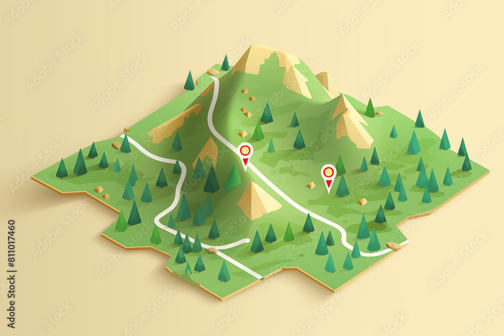 Stylized map featuring green mountains, winding trails, and trees. Two ...