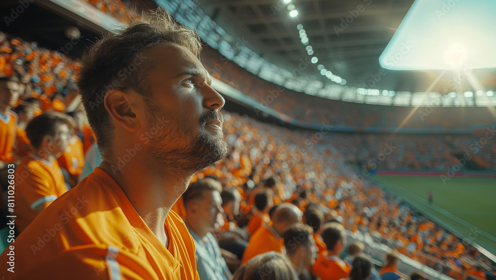 Young football soccer fan wearing orange football shirt in the stadium ...