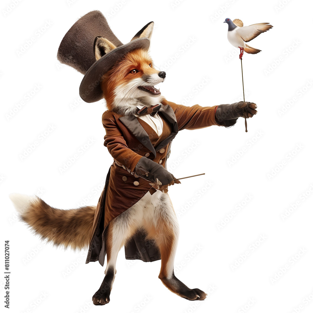 full body of Fox Magician, dressed in a top hat and tails., holds a ...