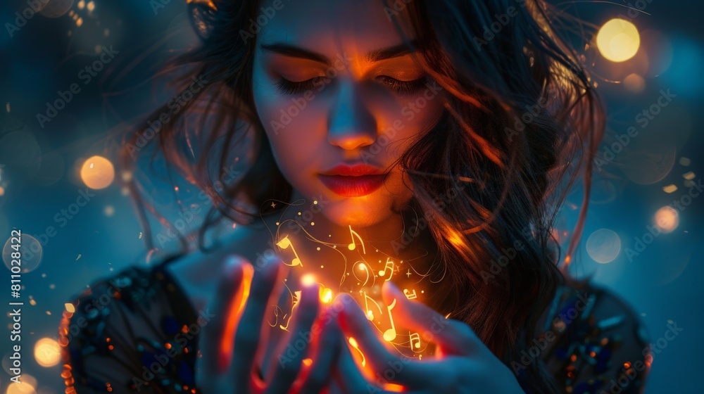 A beautiful woman holds a glowing ball of light in her hands. The light ...