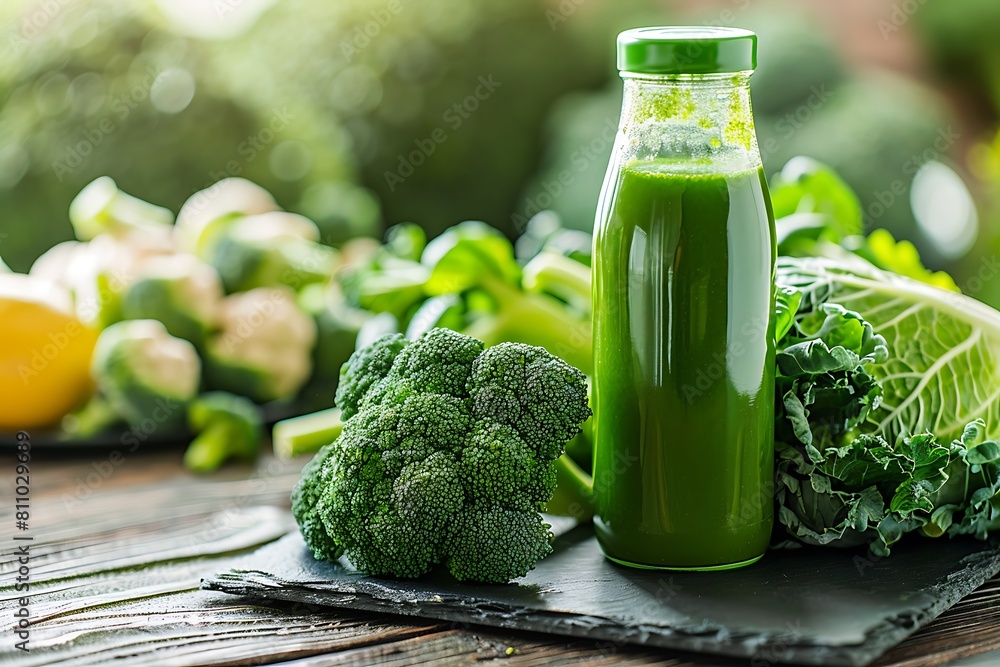 bottle of broccoli juice and slices on wooden background, time for ...