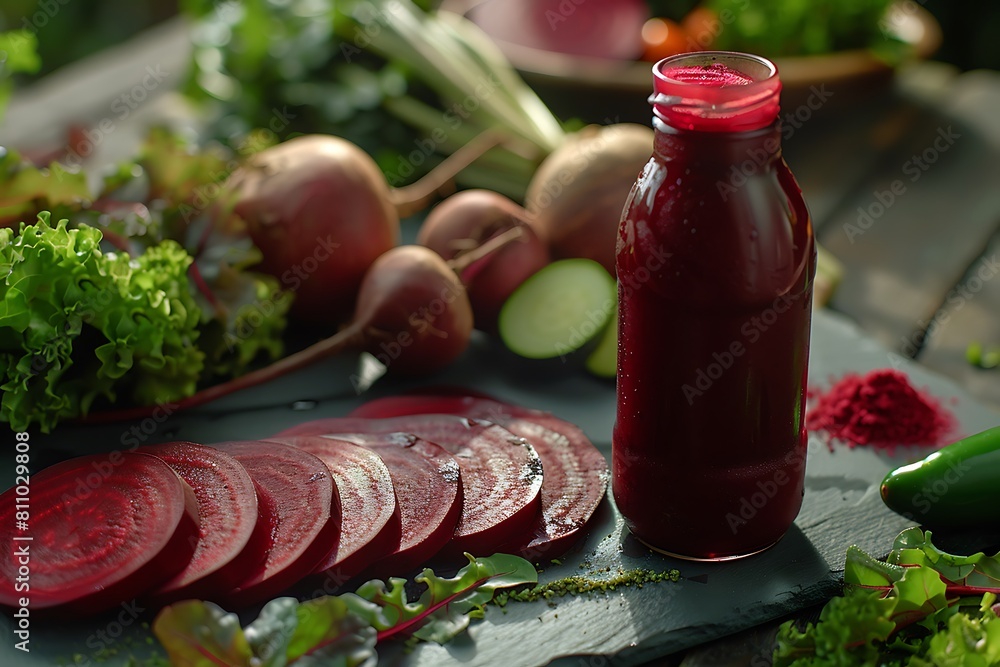 bottle of beet juice and slices on wooden background, time for vitamin ...