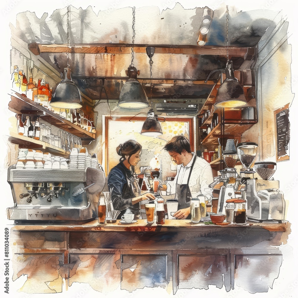 Creative watercolor of a bustling coffee shop, where baristas craft ...