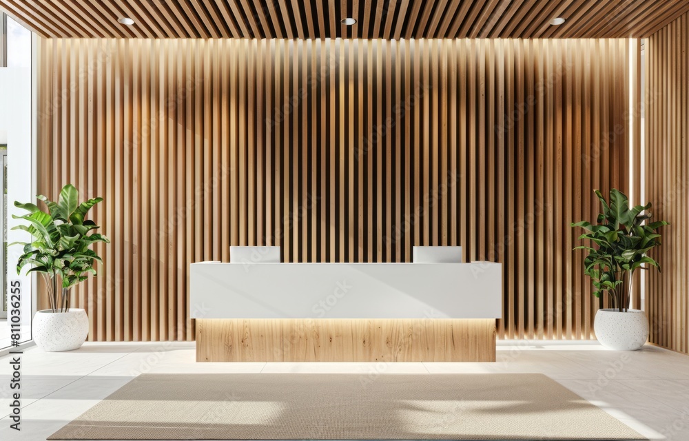 Minimalist white front desk with wood slats on the wall, interior ...