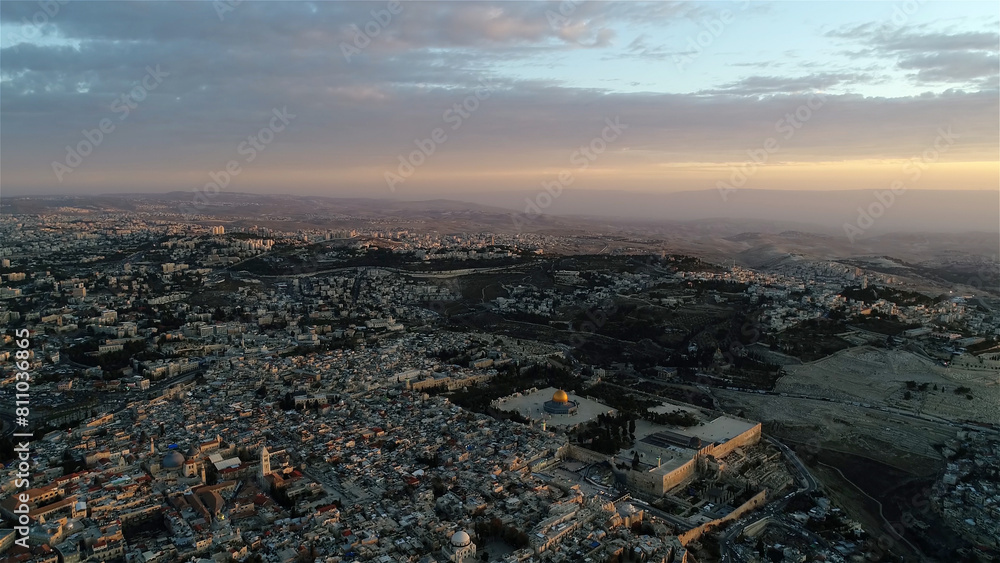 Jerusalem old city aerial high altitude view with the holy places ...