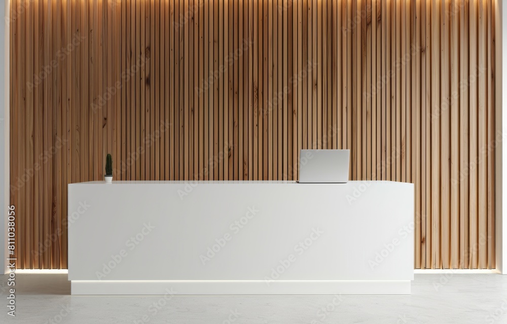 Minimalist white reception desk with wood slats on the wall behind it ...