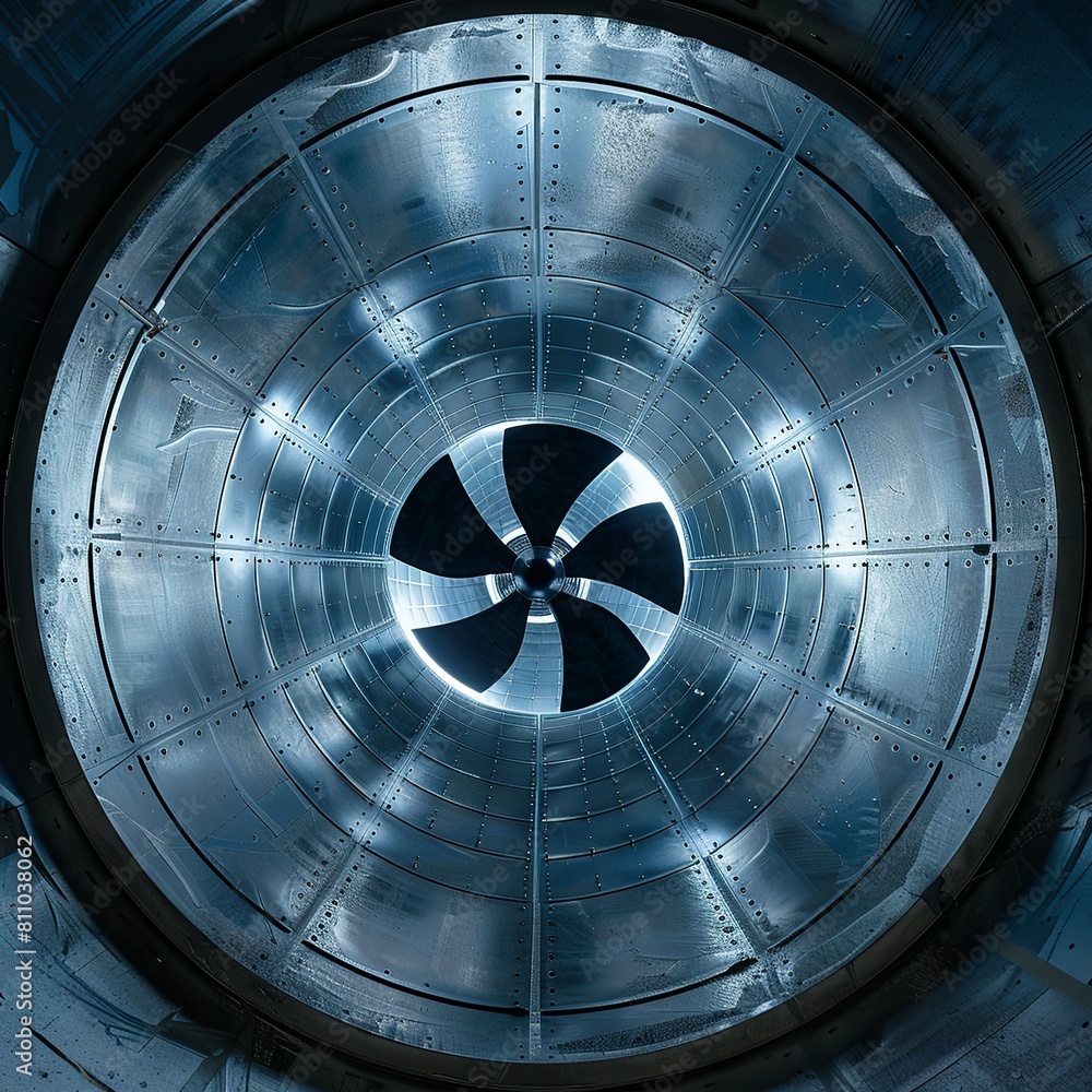 the background of a huge circular exhaust fan in a cylindrical tunnel ...