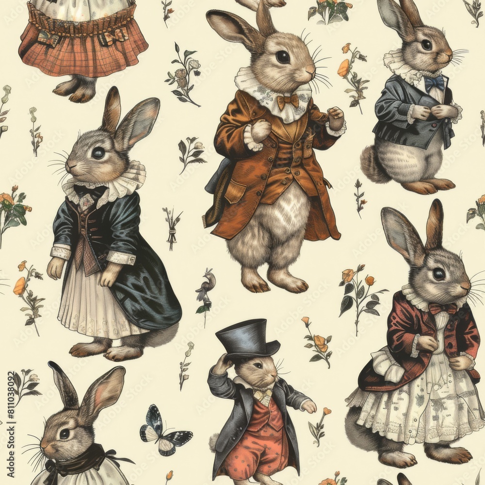 seamless children pattern in Victorian style of rabbits in costumes ...