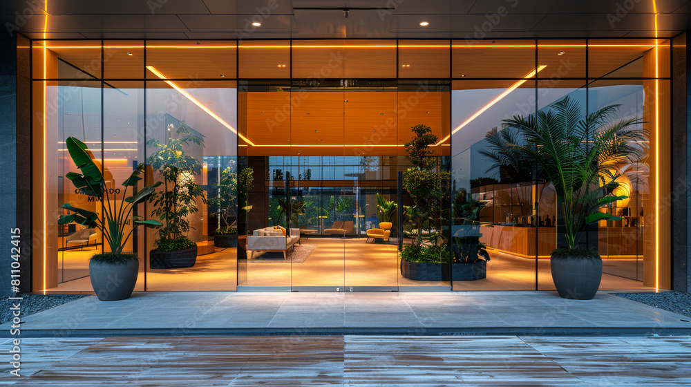 modern office entrance, modern glass doors, logo signage, ambient ...
