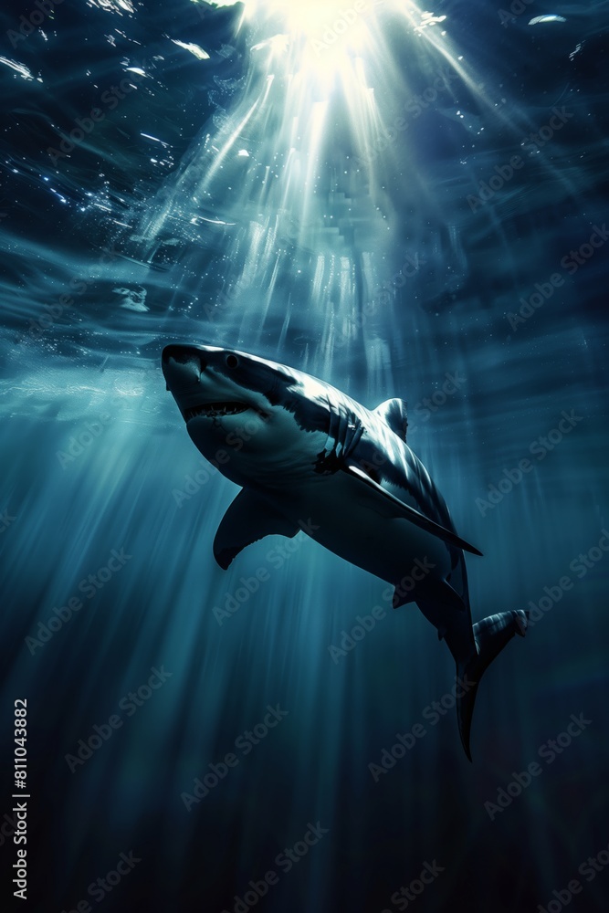 Majestic Whale Shark Swimming in Deep Blue with Sun Rays Illuminating ...
