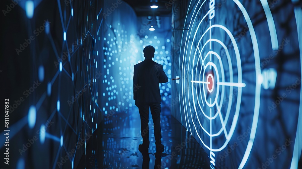 Businessman aims arrow at a virtual target dartboard, precision in ...