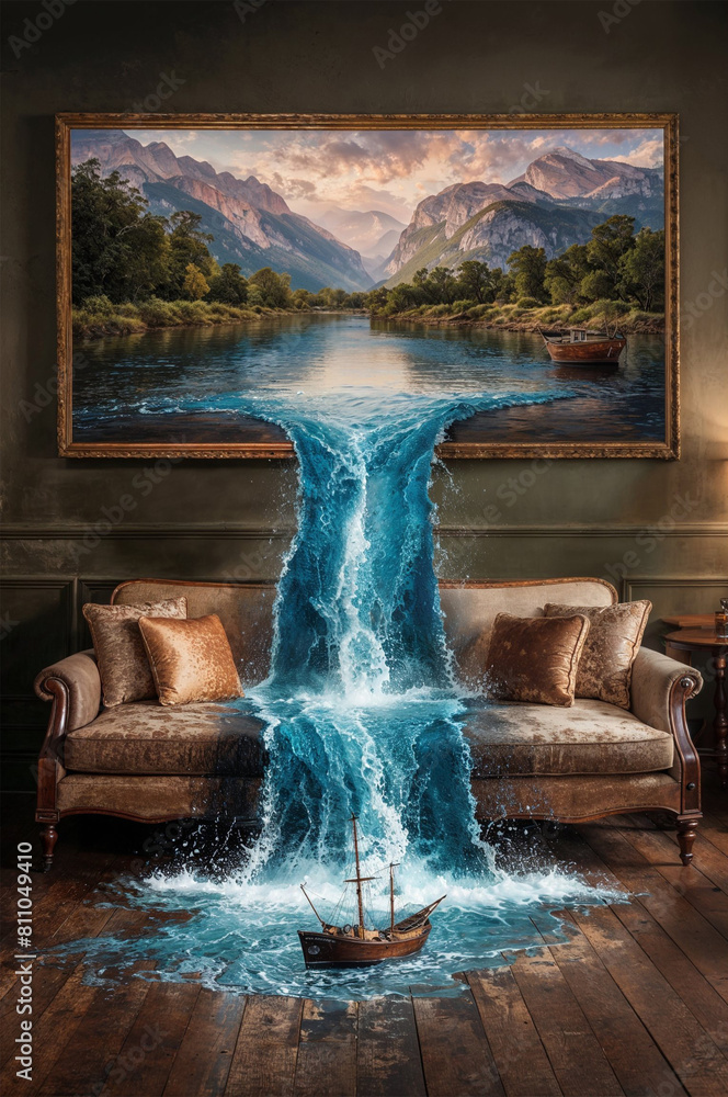 Split surreal abstract concept of a living painted portrait in a living ...