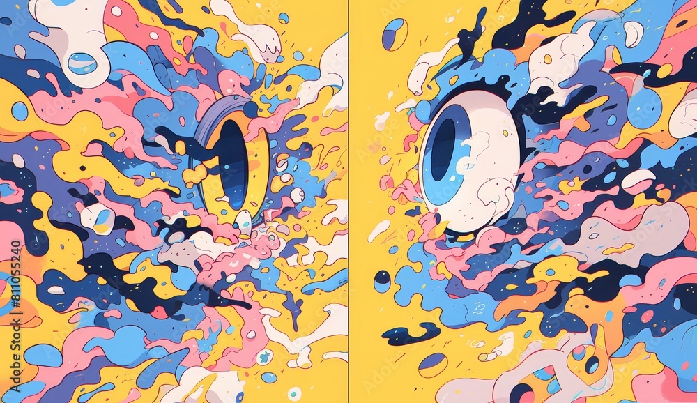 A trippy psychedelic cartoon of two heads with an eye in the middle ...