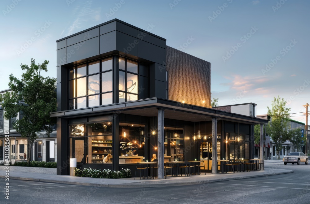 Modern coffee shop exterior design rendering, black and gray color ...