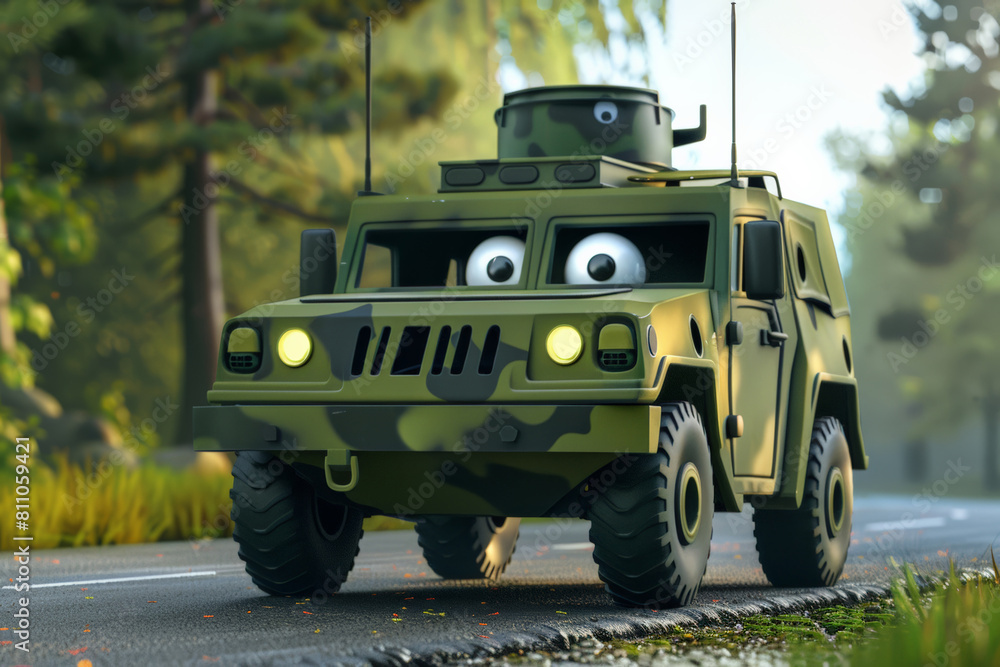 Cartoon Military Vehicle with Eyes Embarking on Adventure down Forest ...