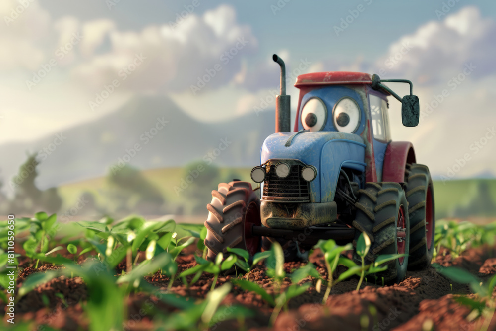 Cheerful Animated Blue Tractor Working in a Sunny Field, Happy Farming ...