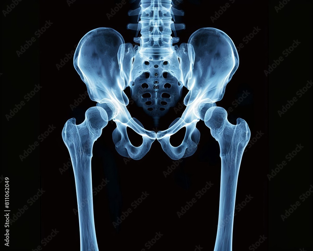 detailed X-ray of human hip, bones visible, soft blue on black ...