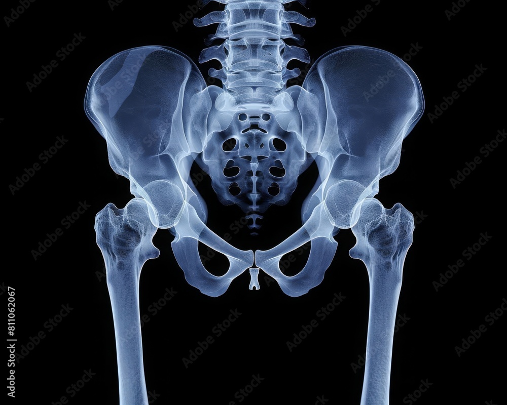 detailed X-ray of human hip, bones visible, soft blue on black ...