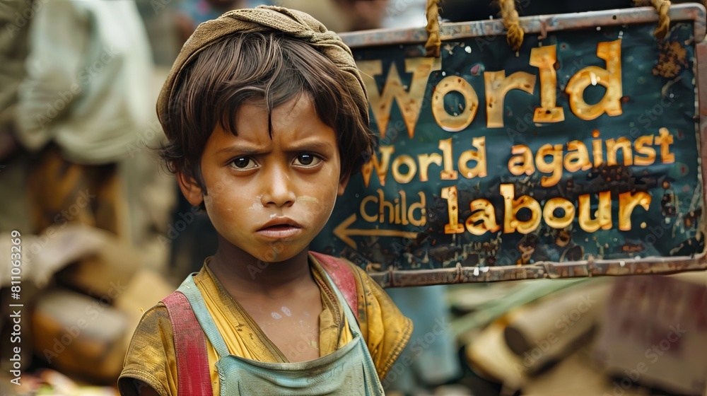 Child Labour with world child labour day sign board Stock Photo | Adobe ...