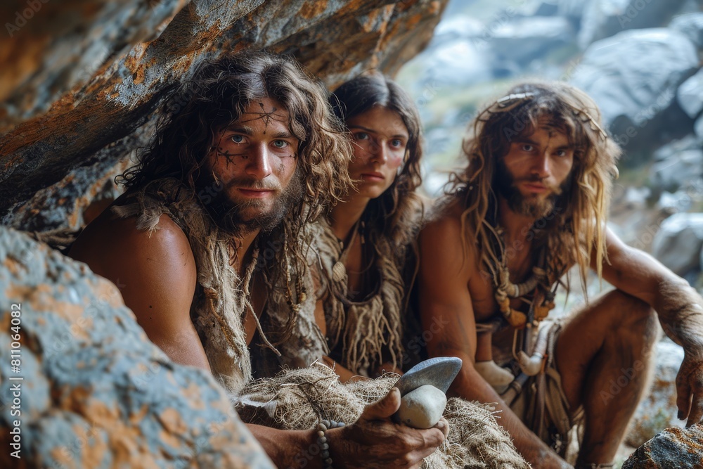 Group of people in prehistoric attire hold tools, showcasing early ...