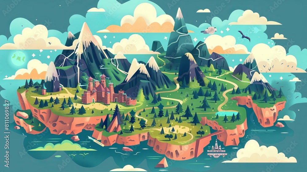 Drawing fantasy maps flat design side view fictional worlds theme ...
