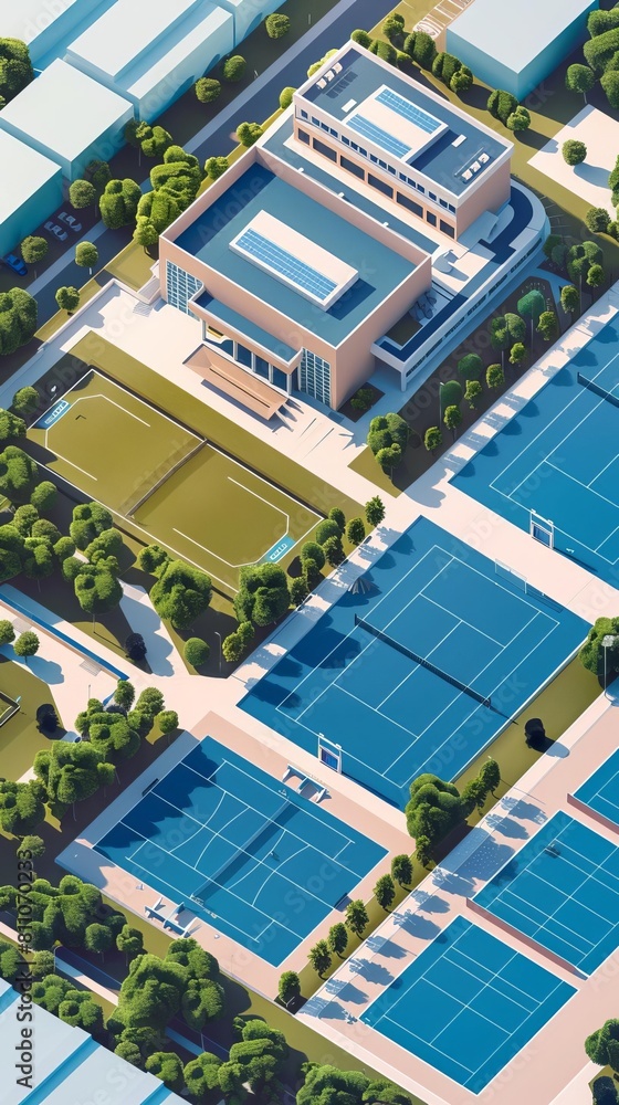 Isometric sports complex flat design front view athletic facilities ...