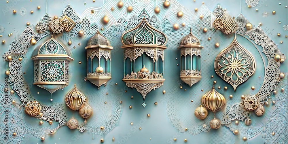 Traditional arab culture symbols, islamic lanterns and lamps against ...