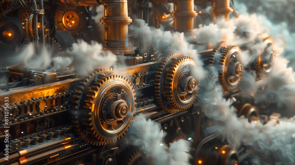 Steampunk machine with gears and cogs, powered by steam. The machine is ...