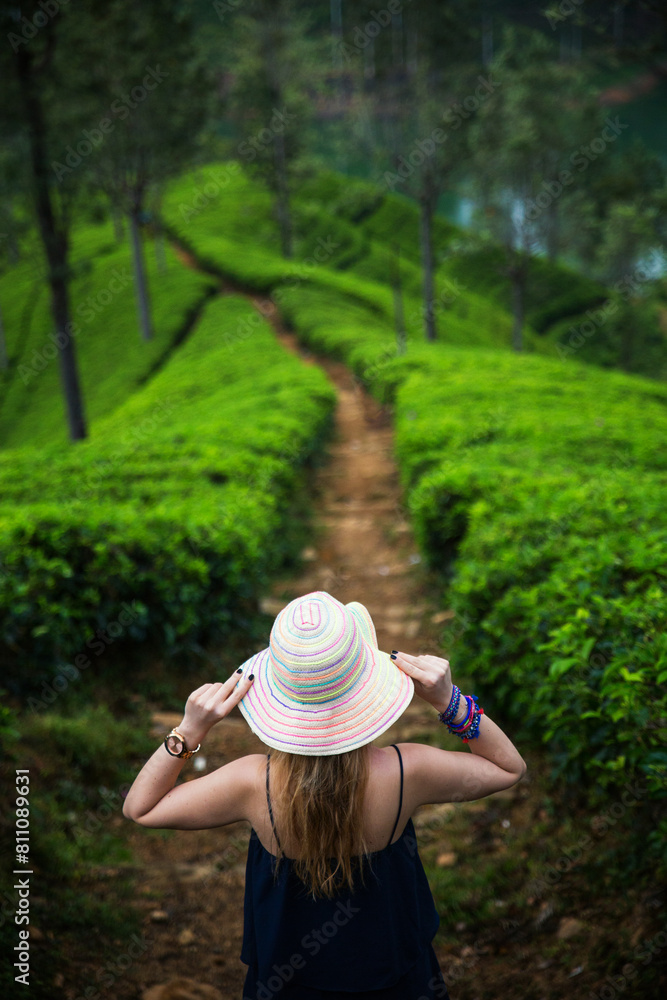 “Tranquil Tea Plantation: Girl with Hat in Sri Lankan Tea Fields" Stock ...