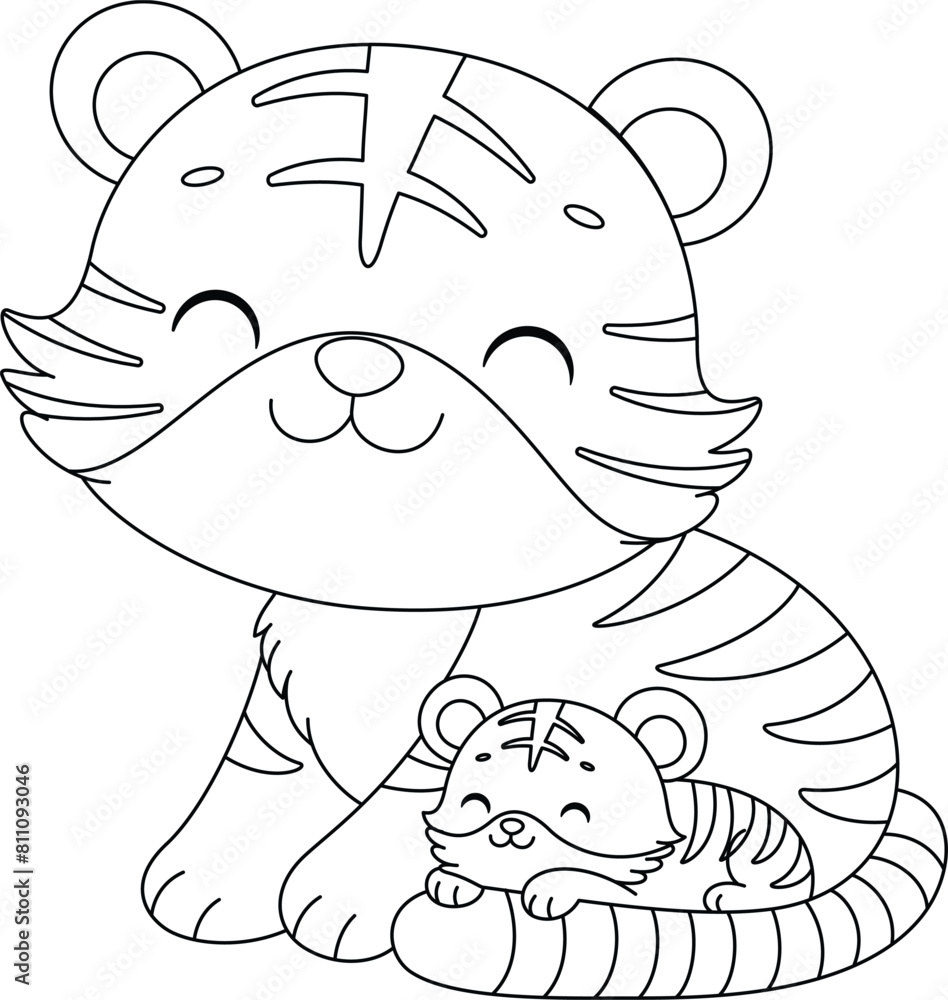 Cute kawaii tiger and baby cartoon character coloring page vector ...