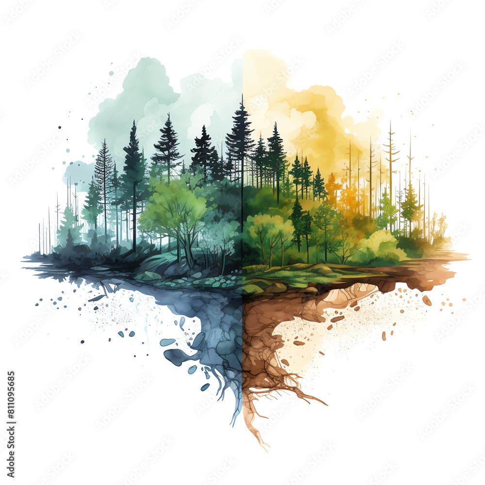 Environmental Impact flat design side view deforestation theme water color Splitcomplementary ...