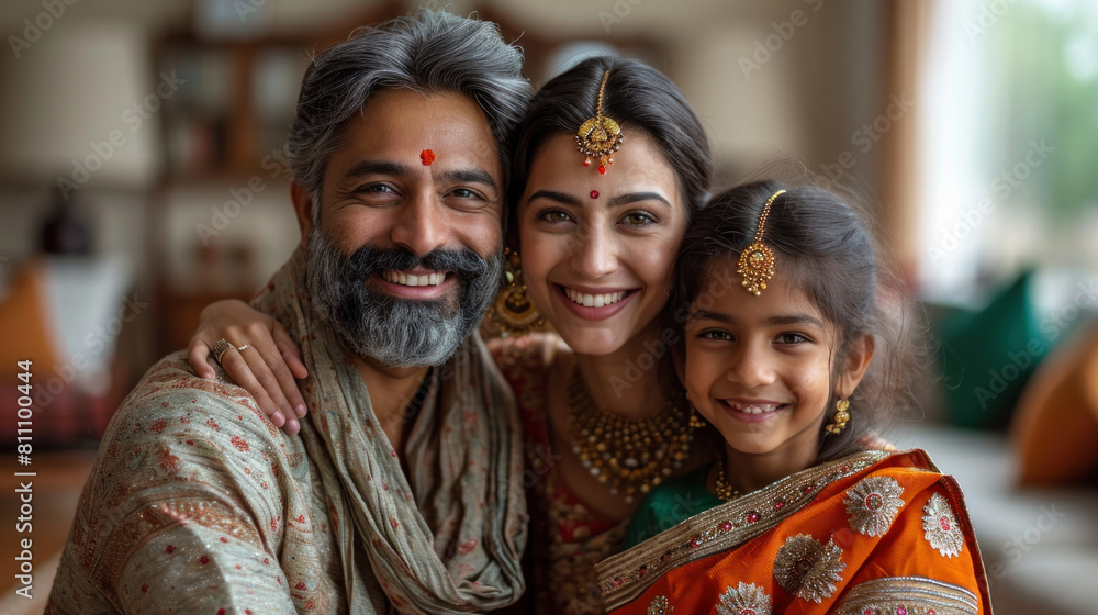Smiling Indian Family in Traditional Clothing, Embracing Warmly Indoors ...