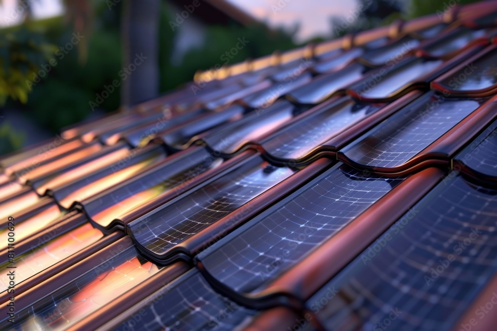 Detailed image of roof tiles with built-in solar cells, demonstrating ...