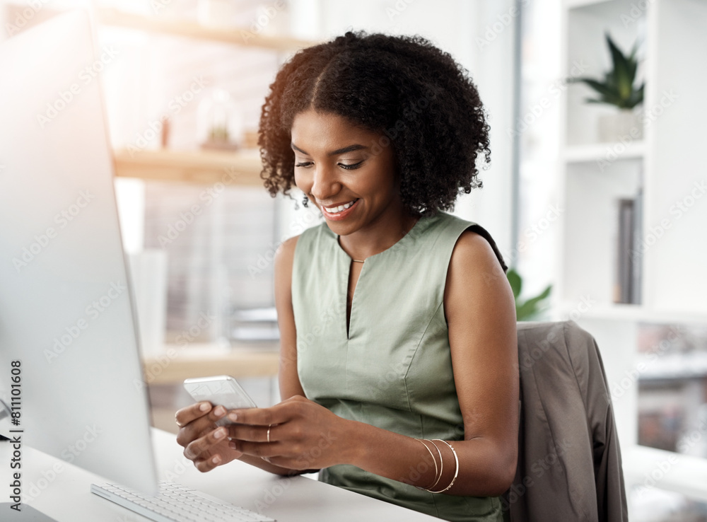Black woman, computer and cellphone networking in office as graphic ...