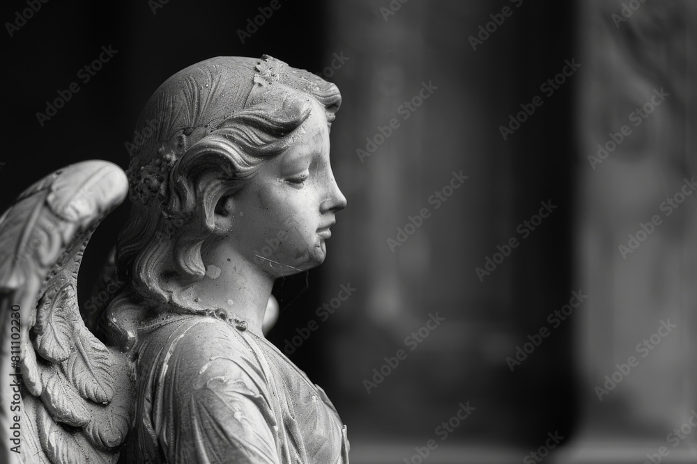 Close-up image of an angel statue with a contemplative expression, set ...