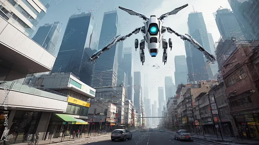 Futuristic urban animation in white colors of city street with high ...