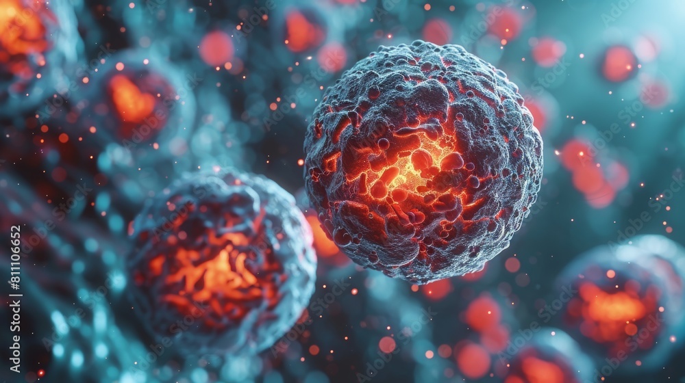 The image shows a close-up of a cancer cell. The cancer cells are red ...