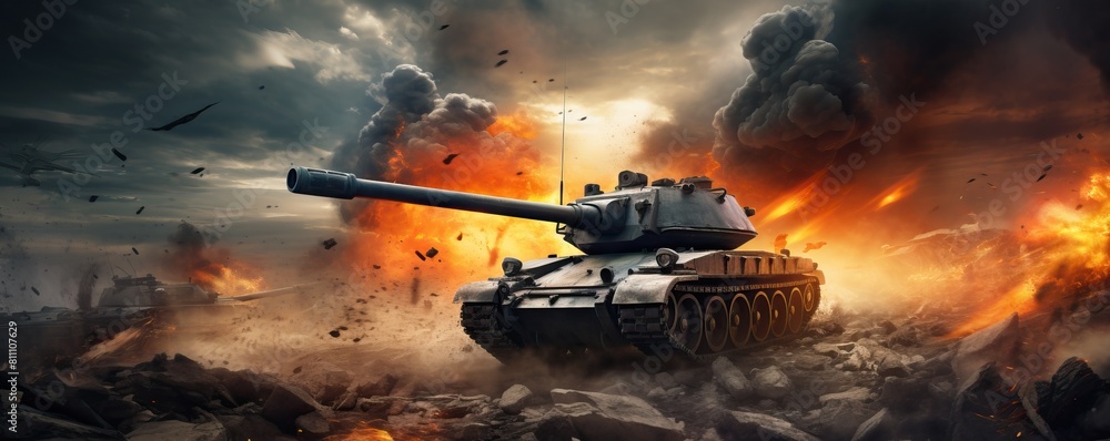 Powerful military scene with a war tank ready for battle and a fighter ...