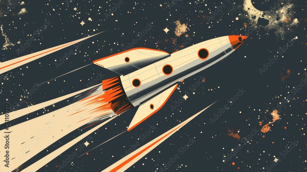 A retro-style poster featuring a classic rocket design, reminiscent of ...