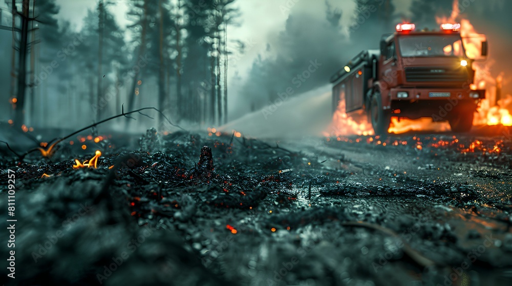 A close-up photo of a recently extinguished forest fire. Focus on the ...