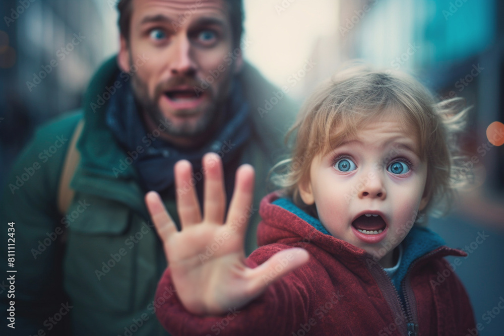 Scared kid fleeing from father's fury. Protection and law of violence ...