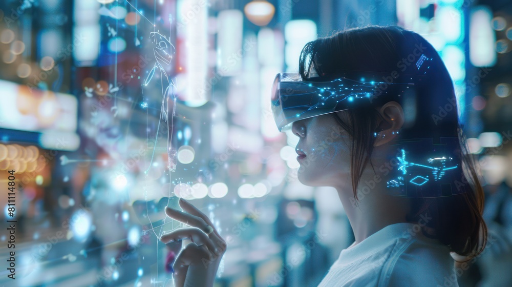 Holographic display projecting virtual reality images, illustrating the ...