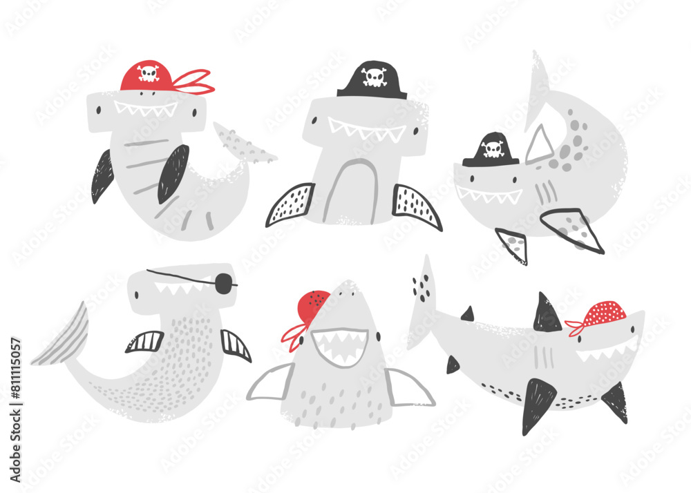 Cute shark pirates. Set with funny sharks in pirate costumes, hats, eye ...