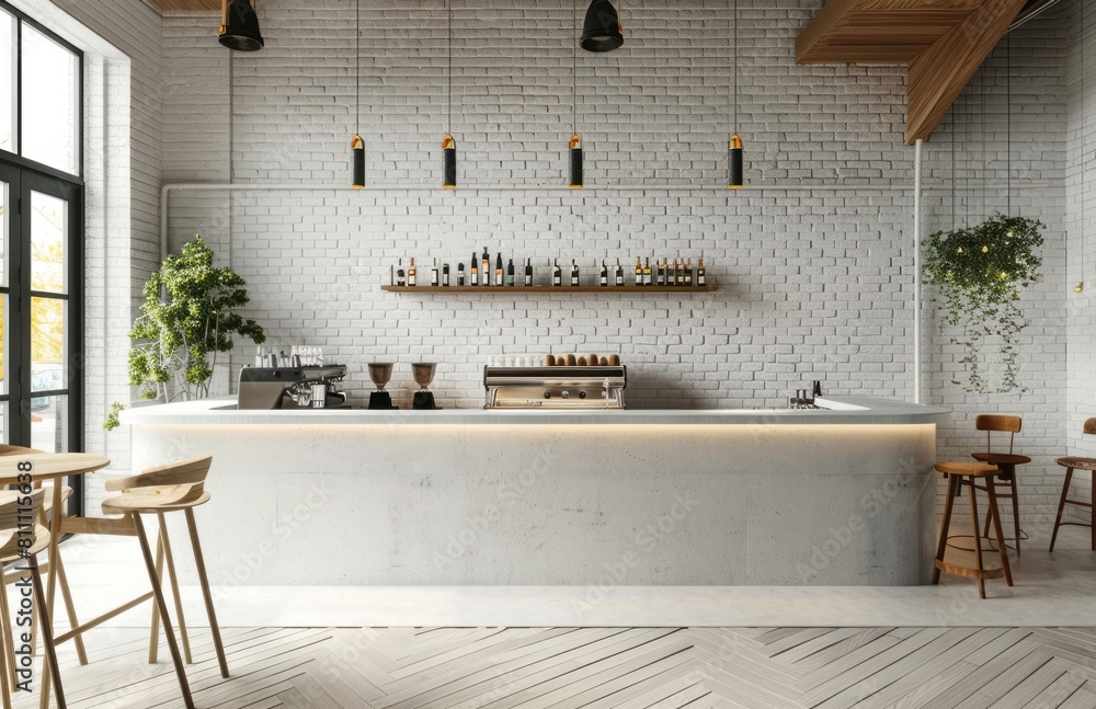 White brick wall, white herringbone wood floor, bar with concrete ...