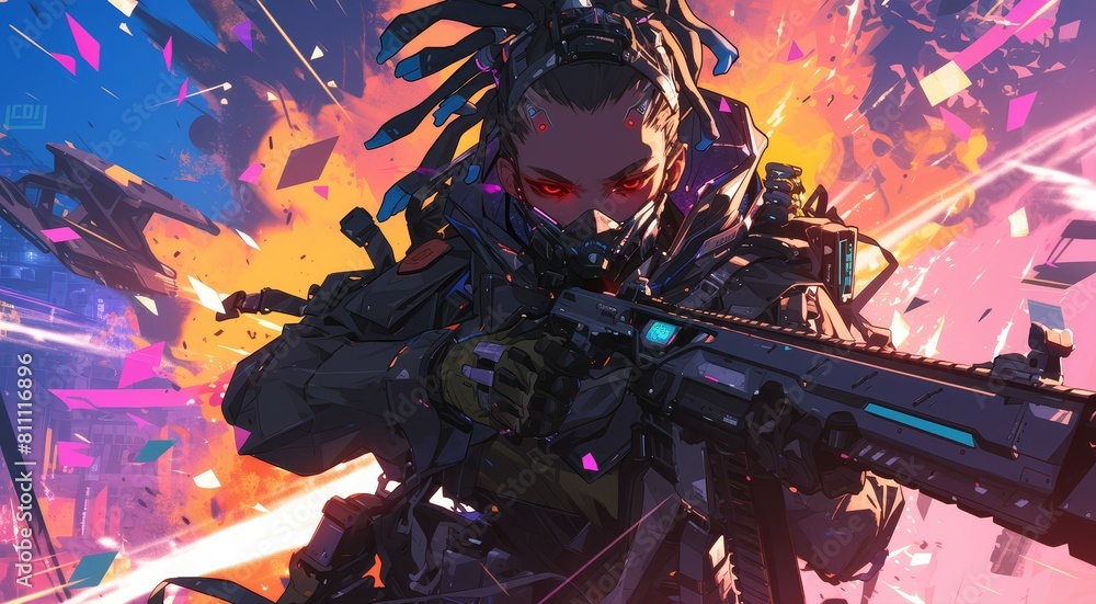 A young woman with neon hair in dreads, wearing armor and holding a ...