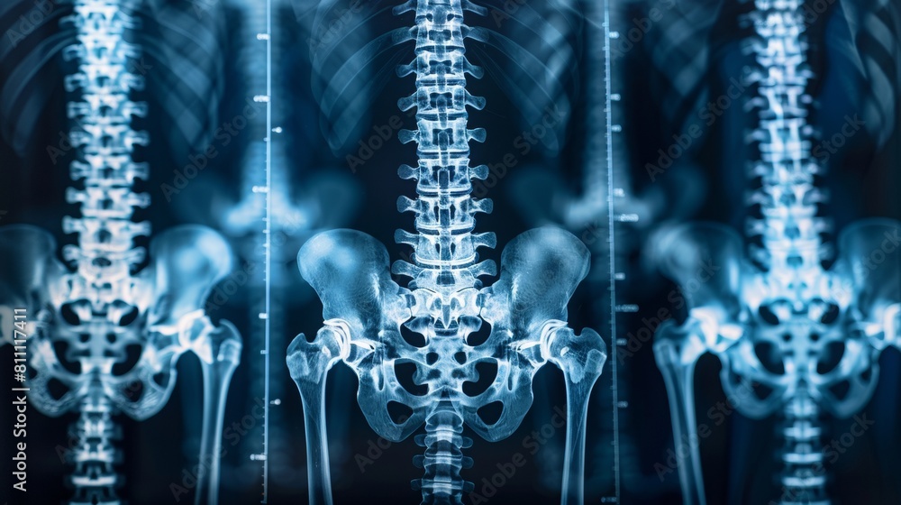 The image shows an x-ray of a spine with a broken vertebra. The ...