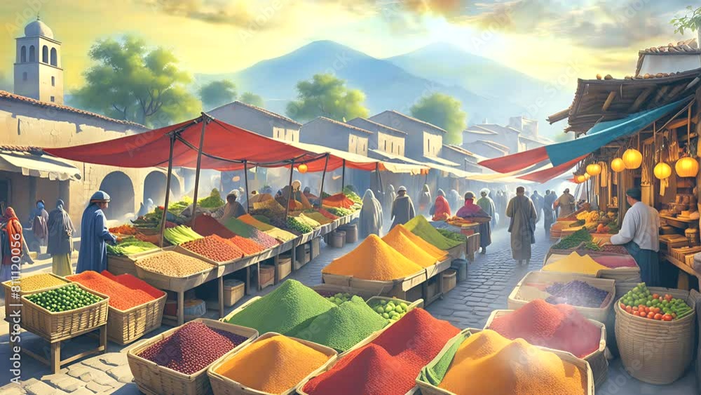 Looping time-lapse animation of a vibrant traditional market under a ...